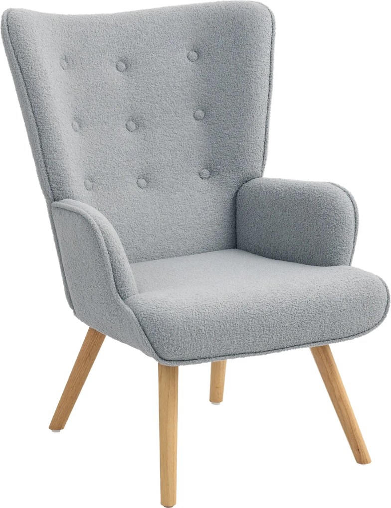 HOMCOM Křeslo s Boucle Potahem, Moderní Čalouněné Křeslo se Dřevěnými Nohy, Ergonomické Opěradlo a Područky, pro Jídelnu, Obývací Pokoj, Ložnici, Kanc