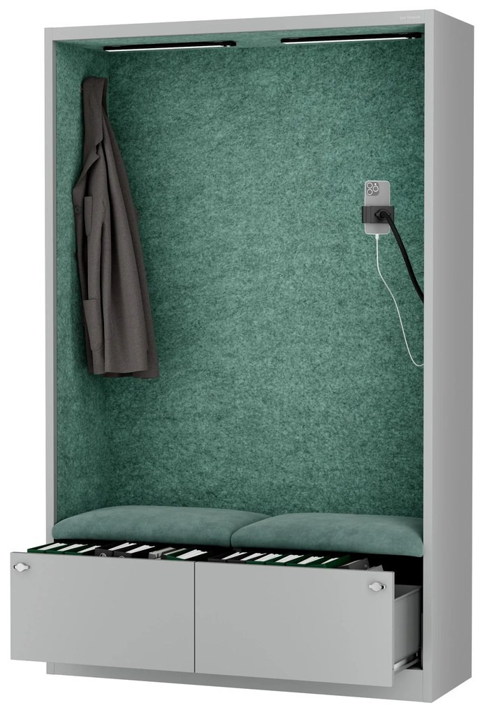 Kancelářská akustická kabina se sedátkem a USB-C portem, korpus šedý / sedák zelený, 1150 mm: SALLY MentalBox