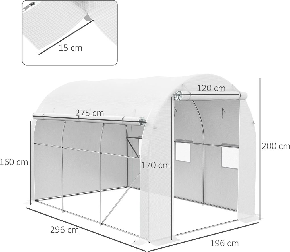 Zahradní skleník Outsunny 6 m² 3 x 2 m s 1 dveřmi + 2 rolovacími bočními stěnami, 6 okny, pozinkovaná ocel, PE vysoká hustota 140 g/m² Anti-UV bílá