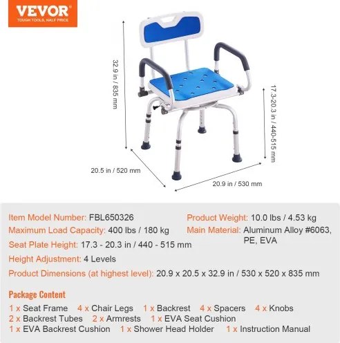 křeslo do sprchy otočné o 360° sedátko do vany s otočnými rameny 181,4 kg