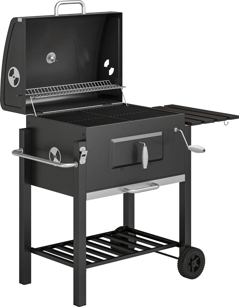 Outsunny grilovací vozík na dřevěné uhlí BBQ stojan na grilování z nerezové oceli černý 113x65x108cm pro zahradu a terasu