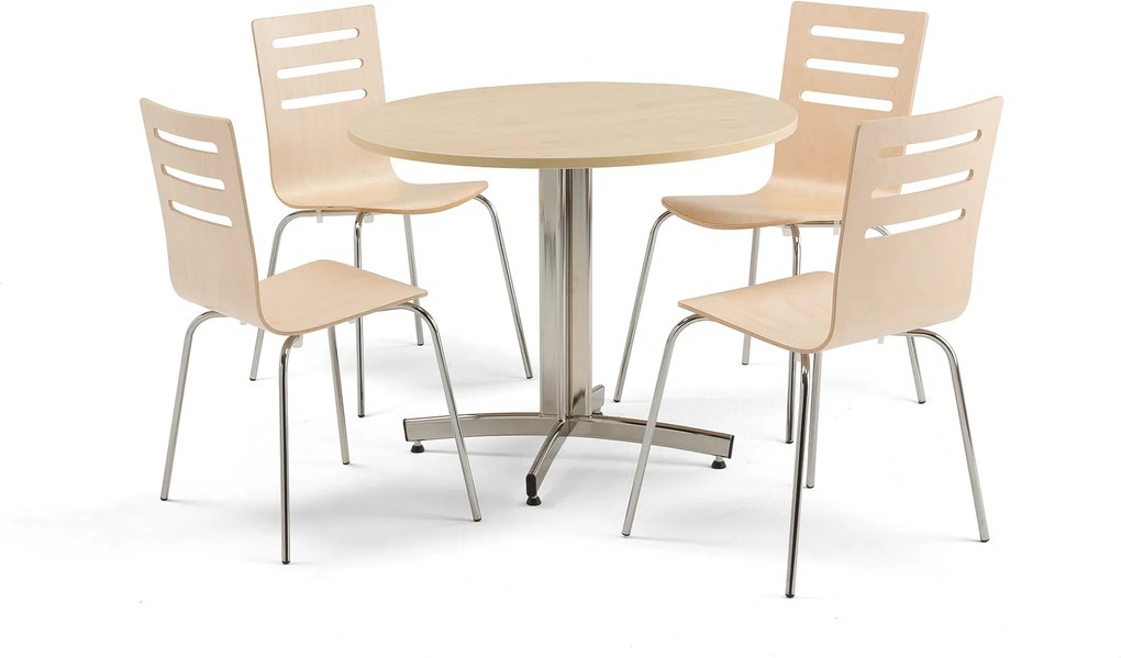 AJ Produkty Jídelní sestava: kulatý stůl Ø900 mm, bříza + 4 židle, bříza/chrom
