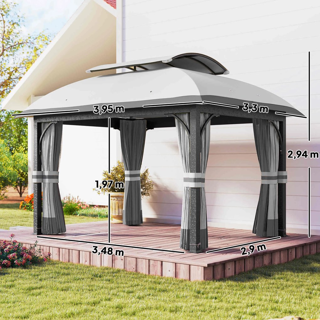Gartenpavillon, 3,3 x 4 m Gartenzelt mit Netz-Vorhängen, zweistufiges Dach, Kunstleder-Bezug, Metallrahmen, Hellgrau