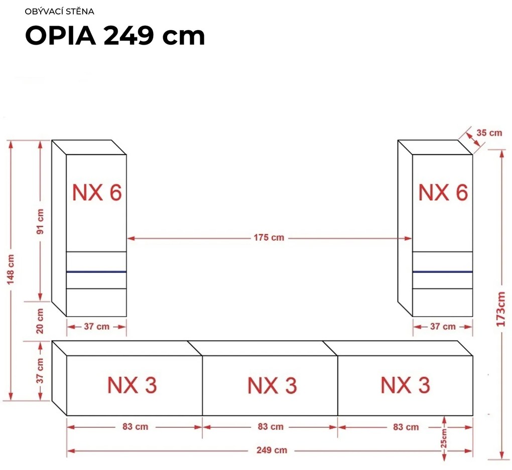 Ral Obývací stěna OPIA 6, 249 cm - Sonoma