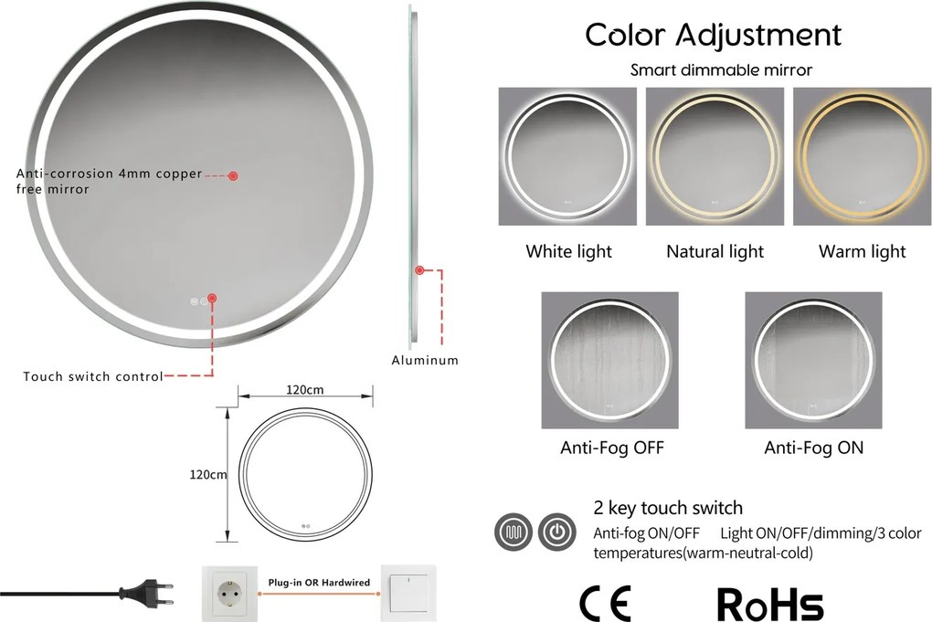 Erga Carla, kulaté LED zrcadlo 120cm, 2760 lm, 3 barvy světla, ERG-V01-208-1212