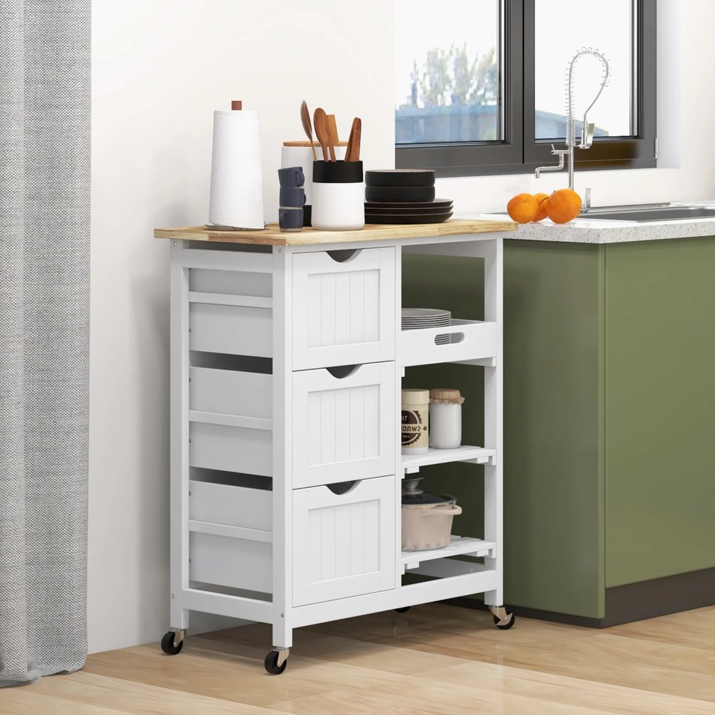 HOMCOM Kuchařský Vozík S Kolečky, Zeleninový Vozík S Dřevěnou Deskou, 3 Šuplíky, 2 Otevřené Police A Odnímatelný Podnos Do Jídelny A Obývacího pokoje…