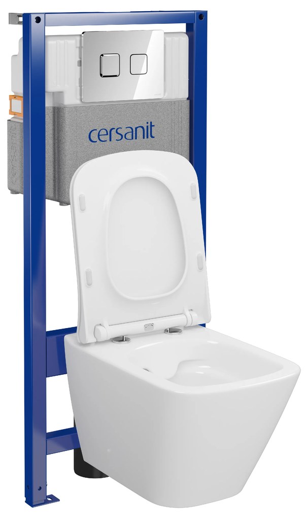 Cersanit City, System50 PNEU podomítkový rám + závěsná wc mísa City Square CleanOn + chromové tlačítko Circle, S701-776