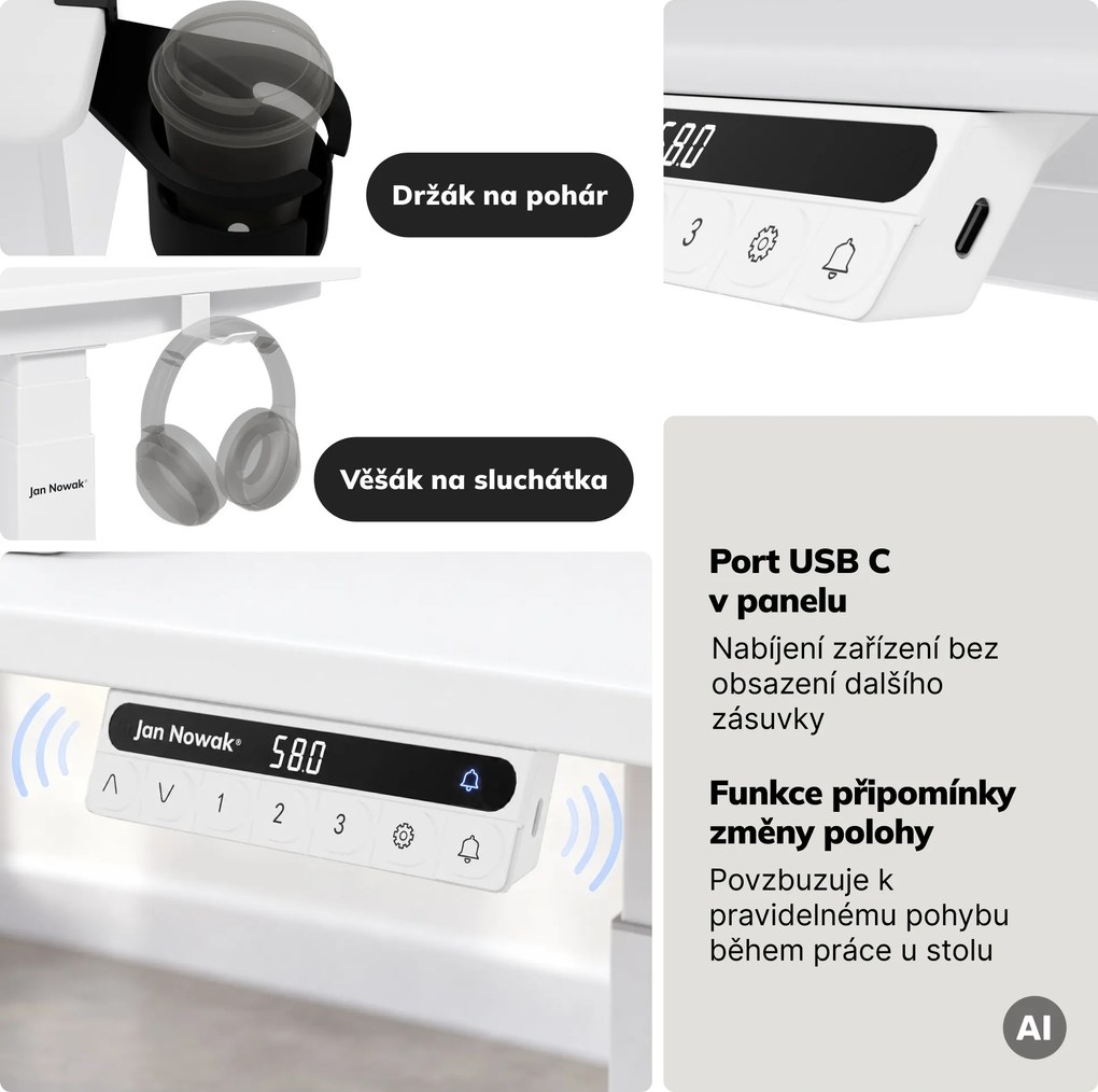 Elektrický stůl s nastavitelnou výškou ergonomický bílý,1600x800 mm: ARIA