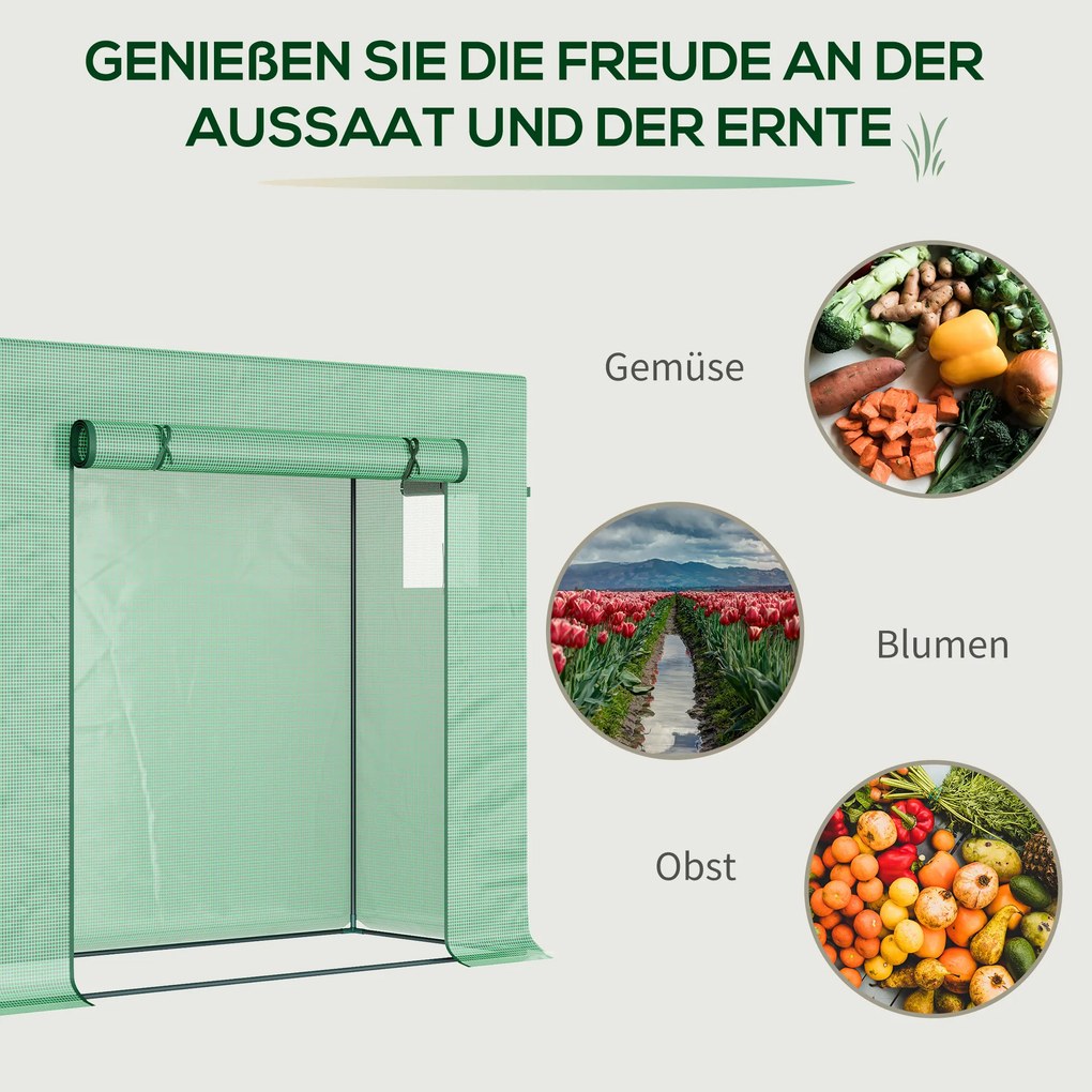 Skleník Outsunny, 200 x 76 x 168 cm, fóliový skleník s rolovacími dveřmi, skleník, domek na rajčata s bočním oknem, PE síťová fólie, zimní skleník pr…