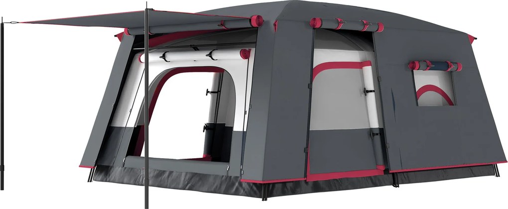 Rodinný stan Outsunny pro 4-6 osob - tunelový stan se 2 spacími zónami a přístřeškem, voděodolný 3000 mm, UV ochrana pro rybaření a turistiku, červený