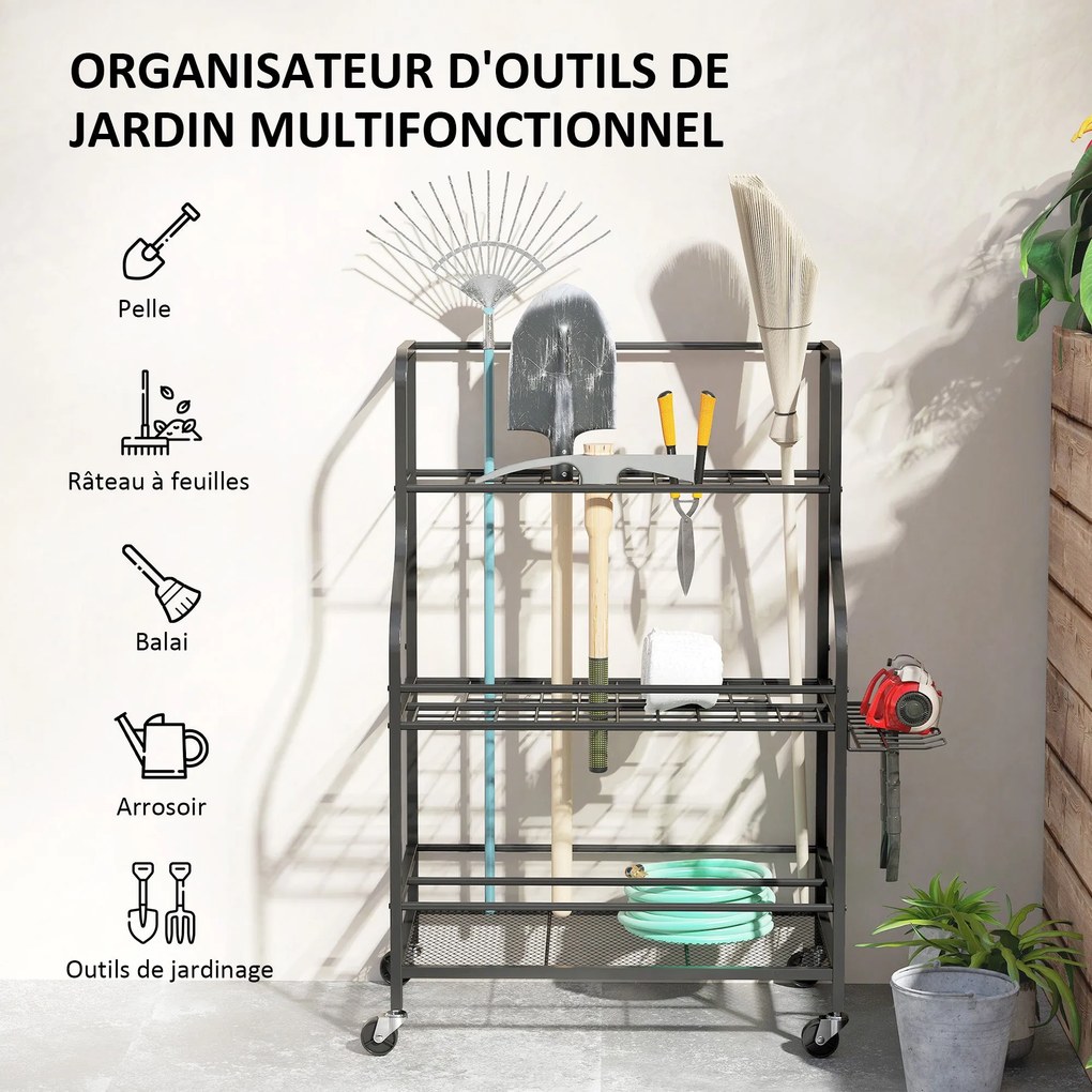 Outsunny Organizér na zahradní nářadí, 54 přihrádek pro uložení nářadí s 5 háčky, ocelový regál na nářadí na kolečkách, 3 úrovně pro nářadí, hrábě, če