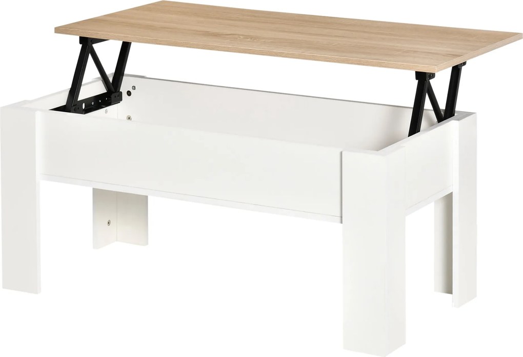 HomCom Zvedací Konferenční Stolek s Skrytým Úložným Prostorem 100x50x45-58.5 cm Bílý a Přírodní