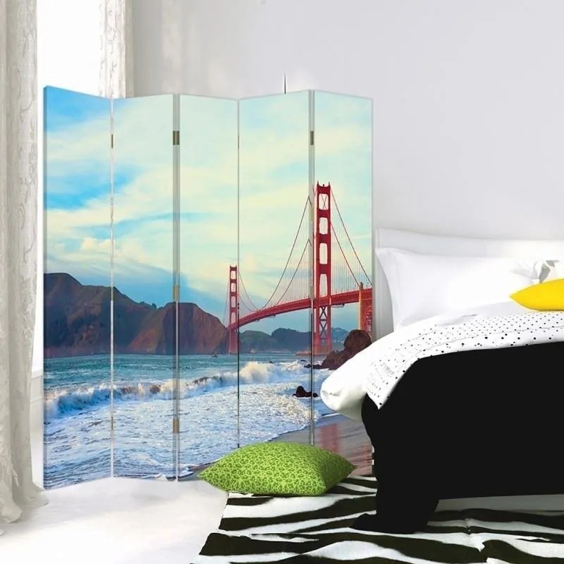 Ozdobný paraván New York Golden Gate - 180x170 cm, pětidílný, obustranný paraván 360°