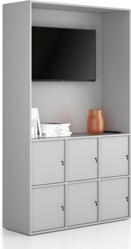 Kancelářská skříň FRAME, 6x dveře, prostor pro TV, 1299 x 450 x 2162 mm, cylindrický zámek, šedá