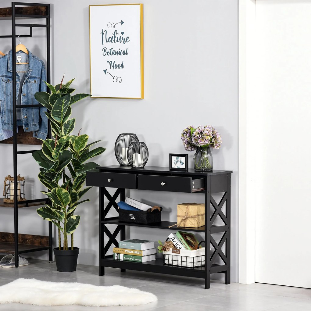 HOMCOM Moderní Konzolový Stolek do Předsíně se 2 Zásuvkami a 2 Spodními Policemi 100x30,5x80 cm Černý