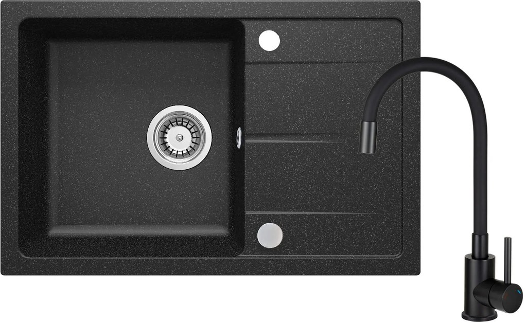 Deante Leda, granitový 1-komorový dřez na desku 670x440x164 mm + dřezová baterie s flexi ramenem N72M černá + sifon, černá, ZRDP2113