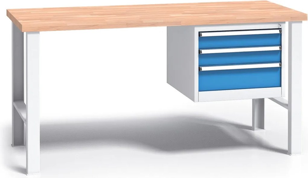 Pracovní stůl do dílny G3 se závěsným boxem na nářadí, buková spárovka, 3 zásuvky, pevné kovové nohy, 1500 mm, modrá