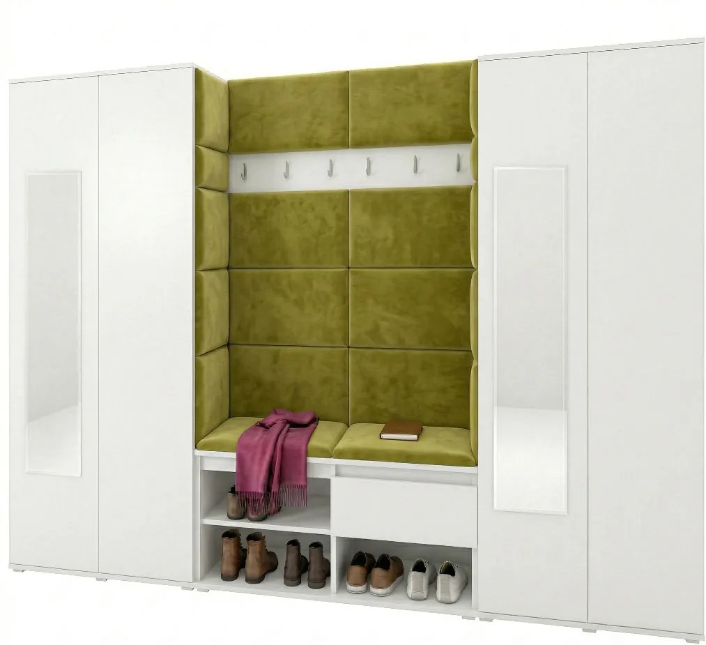 Předsíňová stěna Trinity 10 s čalouněnými panely, 280 cm, bílá / olivová