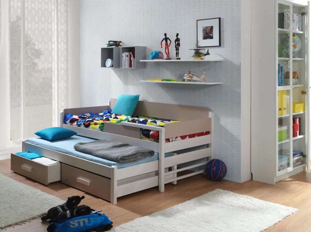 Rozkládací postel Dois s úložným prostorem 80x180 cm (Š 87 cm, D 190 cm, V 79 cm), Ořech, Bílé PVC, 2 ks matrace (1 ks hlavní + 1 ks přistýlka), zábranka vpravo