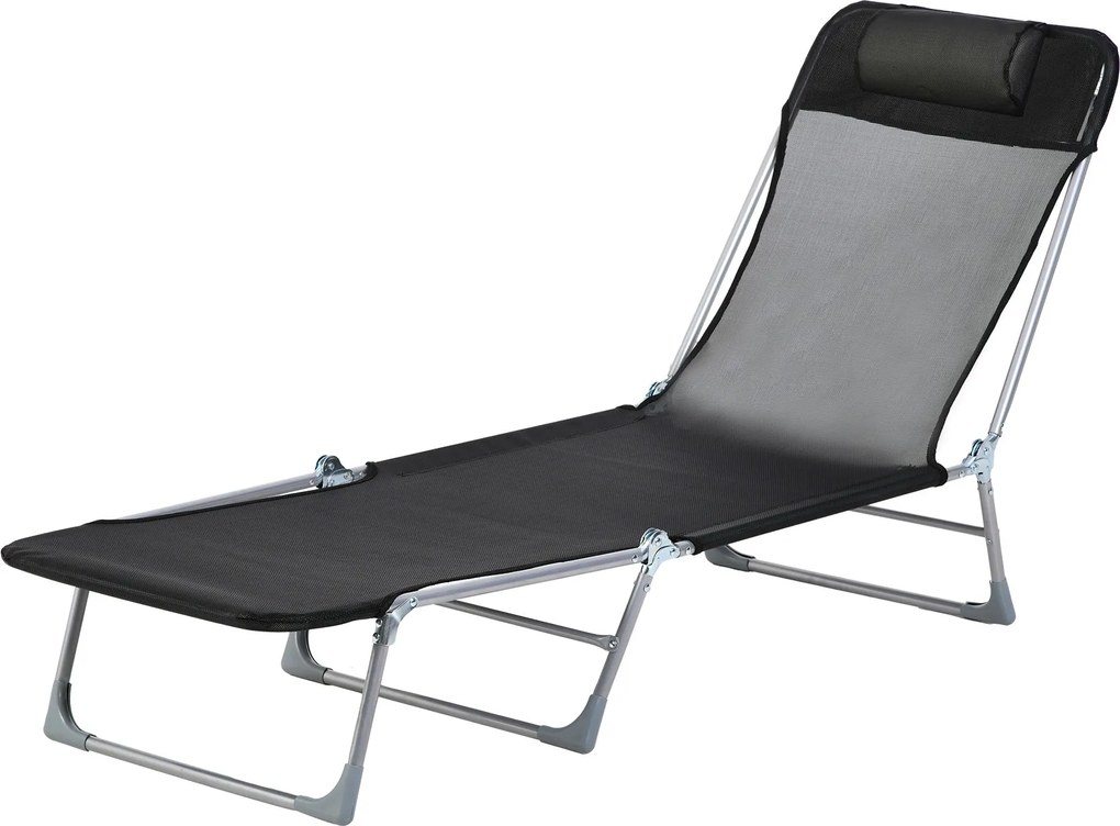 Skládací a polohovací sluneční lehátko Outsunny s nastavitelným opěradlem a podhlavníkem ve 5 úrovních z prodyšného textilního materiálu 182x56x28 cm