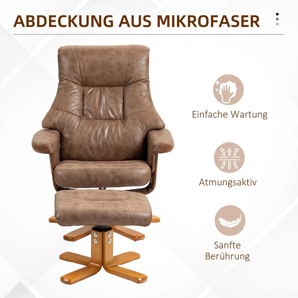 HOMCOM Relaxační Křeslo s Ottomans, Otočné Křeslo k Televizi s Funkcí Polohování, Potahované Křeslo do Obývacího Pokoje, Ložnice, Hnědá Microfiber, 7…