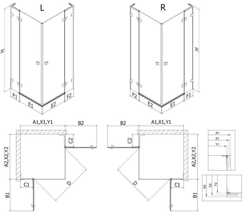 Mexen Lunar L Duo výklopný sprchový kout 90 x 70 cm, 8mm čiré sklo, chromový profil, 834L-090L-070P-01-00