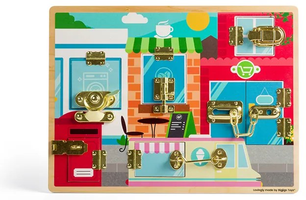 Bigjigs Toys Dřevěná motorická deska západky a zámky