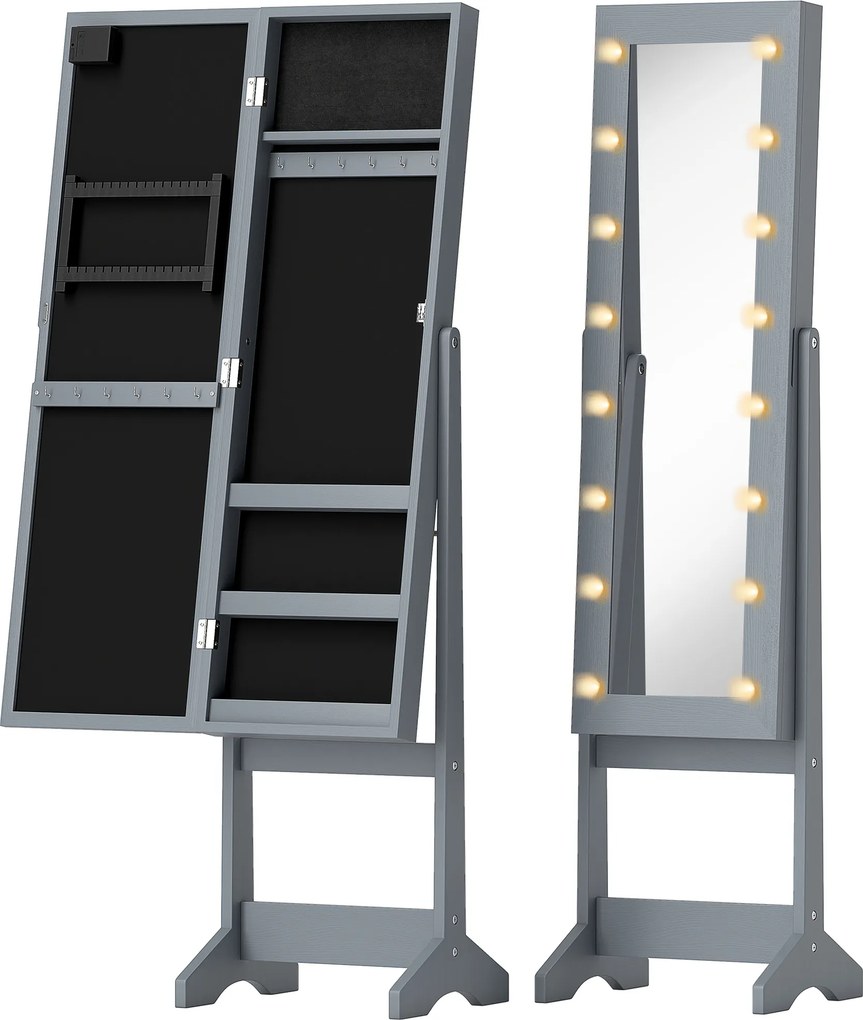 HOMCOM Šperkové zrcadlo s LED – stojací skříňka, nastavitelný celozrcadlový stojan, šedá