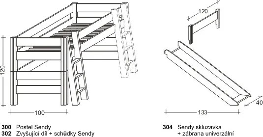 Gazel Sendy postel 90 x 200 cm zvýšená 120 cm se skluzavkou smrk přírodní