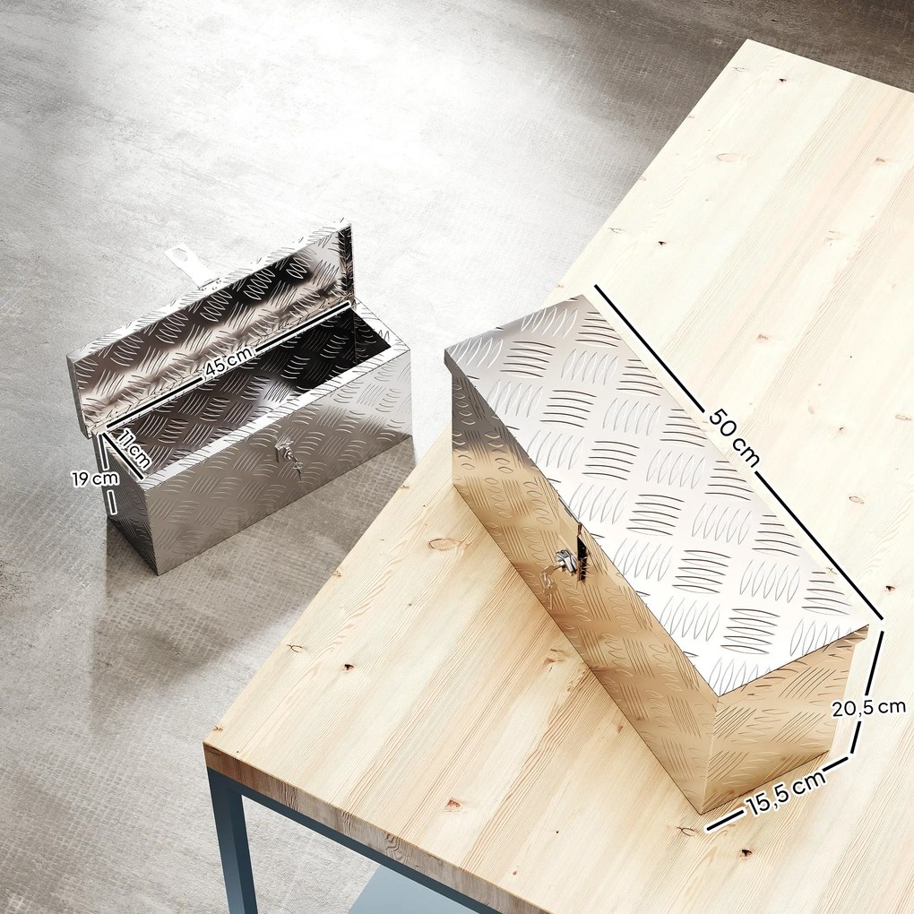 HOMCOM Úložný Box - Hliníková Toolbox - Hliníkový Box na Nářadí s Klíčovým Zámkem 50L x 15,5Š x 20,5V cm - Stříbrný