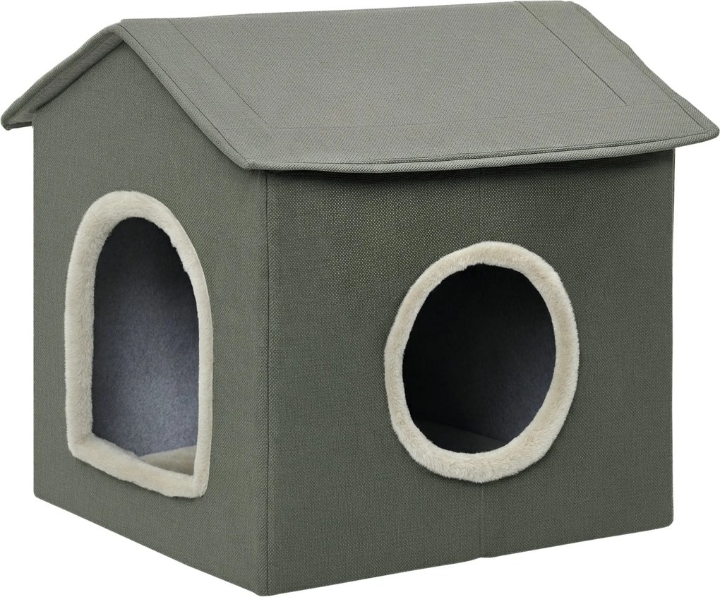 PawHut kočičí doupě, kočičí dům s polštářem, škrabací deska, dvě dveře, XXL kočičí bouda, dům pro psy, kočičí postel pro kočky do 5 kg, šedá, 39 x 43,