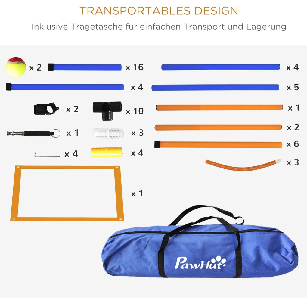 PawHut agility set pro psy se 4 výškově nastavitelnými agility překážkami, tyčemi, break boxem a skákacím kruhem pro efektivní výcvik psů