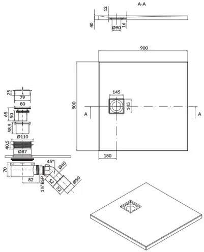 Cersanit Tako Slim, čtvercová akrylátová sprchová vanička 90x90x4 cm + černý sifon, černá, S932-166