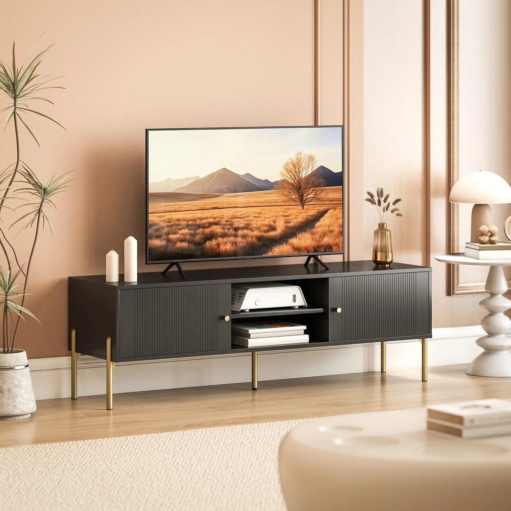 HOMCOM TV nábytek pro televizory až do 165,1 cm, žebrované dveře, otevřené přihrádky, kovové nohy, 140 x 38 x 45,9 cm, černé