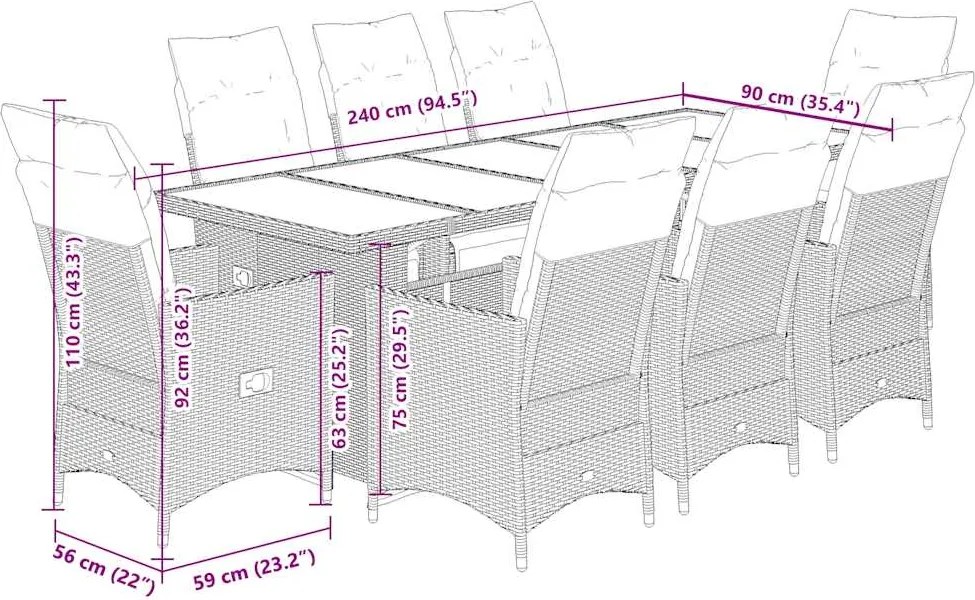 9dílný zahradní bistro set s poduškami černý polyratan 3277257