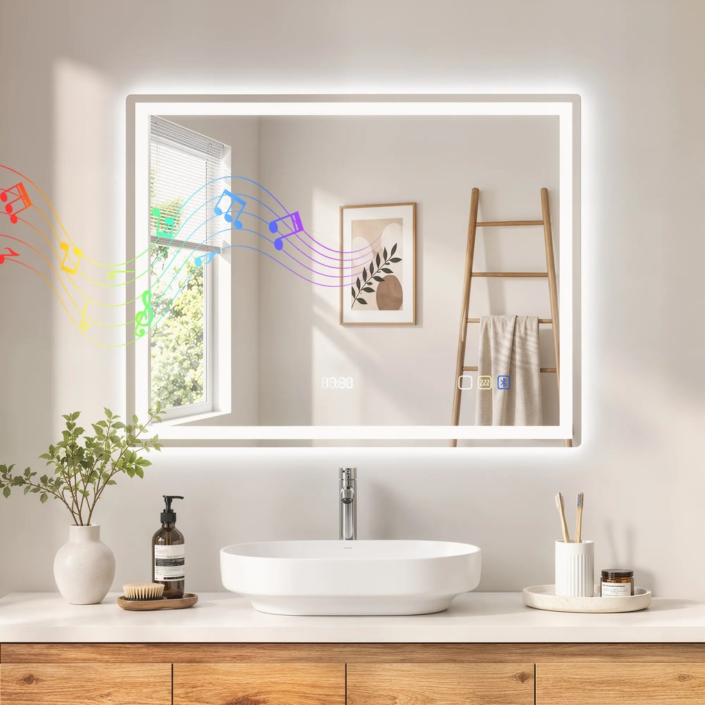 HOMCOM LED koupelnové zrcadlo Bluetooth 90 x 70 cm dotykový spínač, stmívatelné světlo 3 barvy, protimlž, paměť, stříbrné