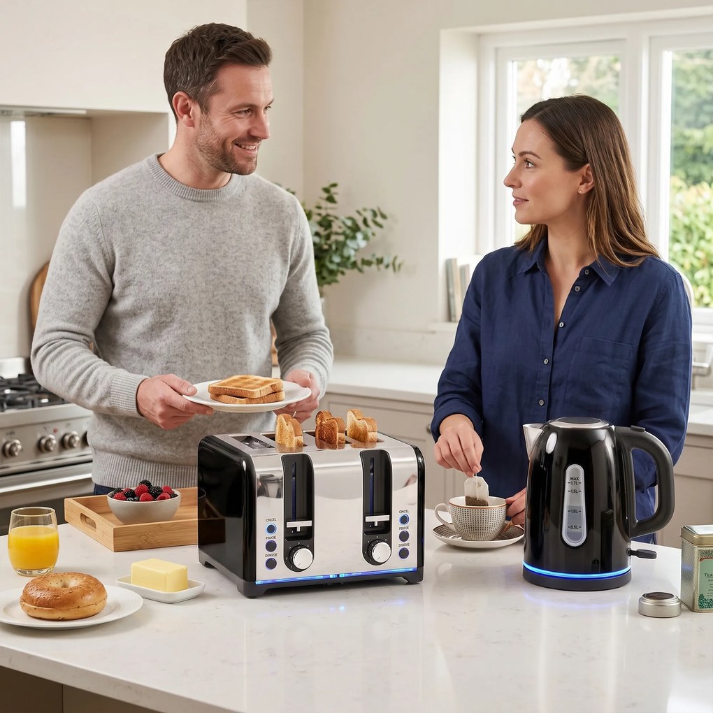HOMCOM konvice a toastovač set s rychlovarnou konvicí 1,7 l a 7 stupni opečení pro snídaňový set v černé