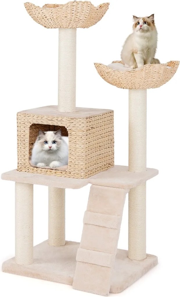Costway Cattail cat tree se sisalovými sloupky a sedadlem a domečkem pro kočky