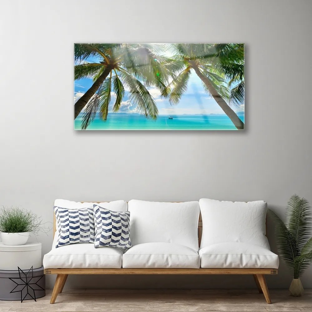 Obraz na skle Palma Strom Moře Krajina 100x50 cm
