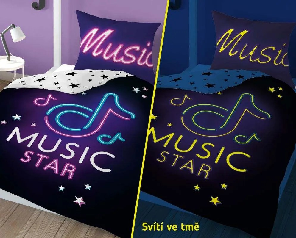 DETEXPOL Svítící povlečení Music Star  Bavlna, 140/200, 70/80 cm