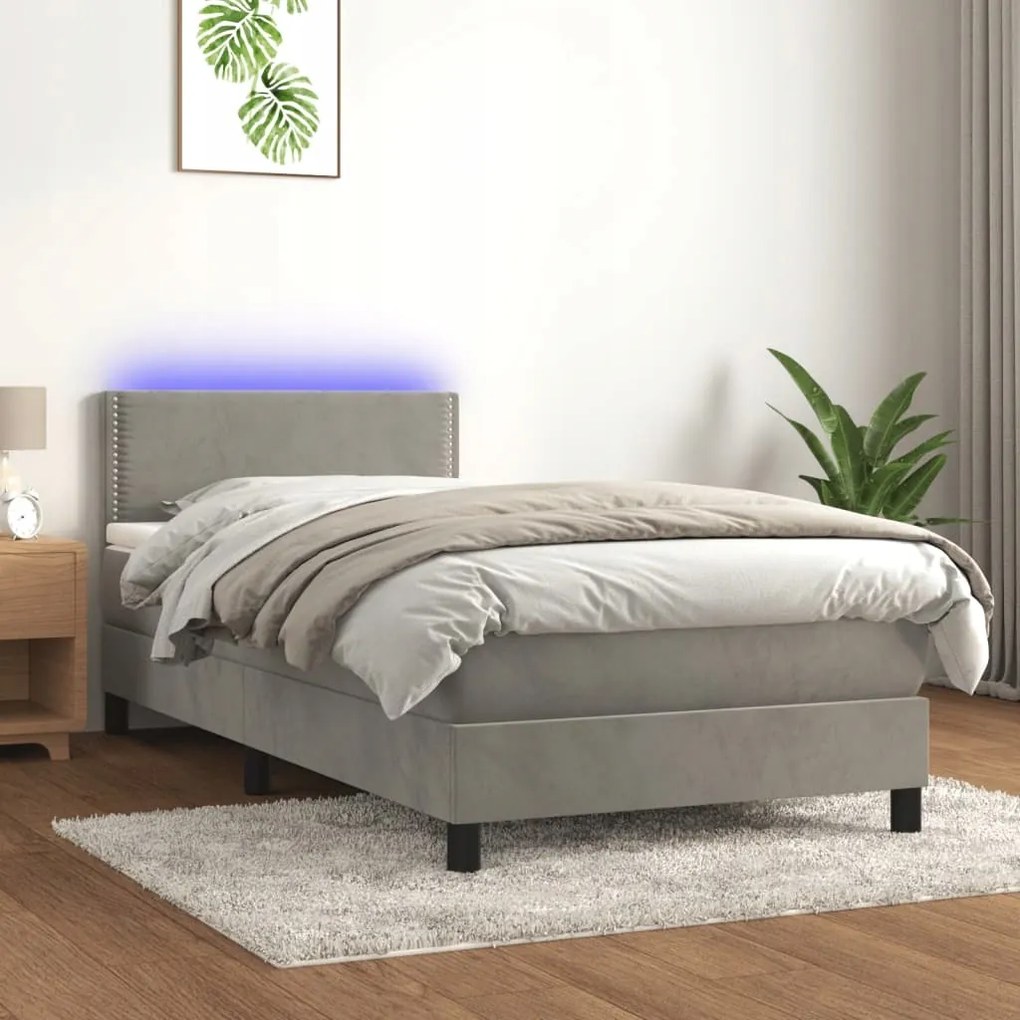 Box Spring Postel S Matrací A Led Samet Světle Šedá Hladké s hřebíky 90 x