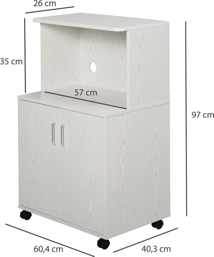 HOMCOM Mikrovlnná část kuchyňské skříňky se 2 dvířky a nastavitelnou policí na kolečkách, nosnost 70 kg, 60.4x40.3x97 cm, Bílá