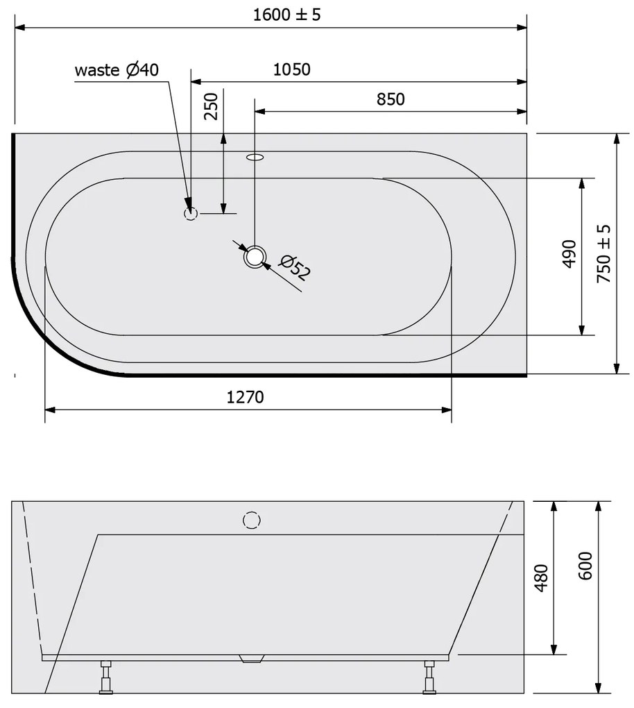 Polysan Monolith volně stojící vana ASTRA R MONOLITH, 160x75x60 cm, 34611M