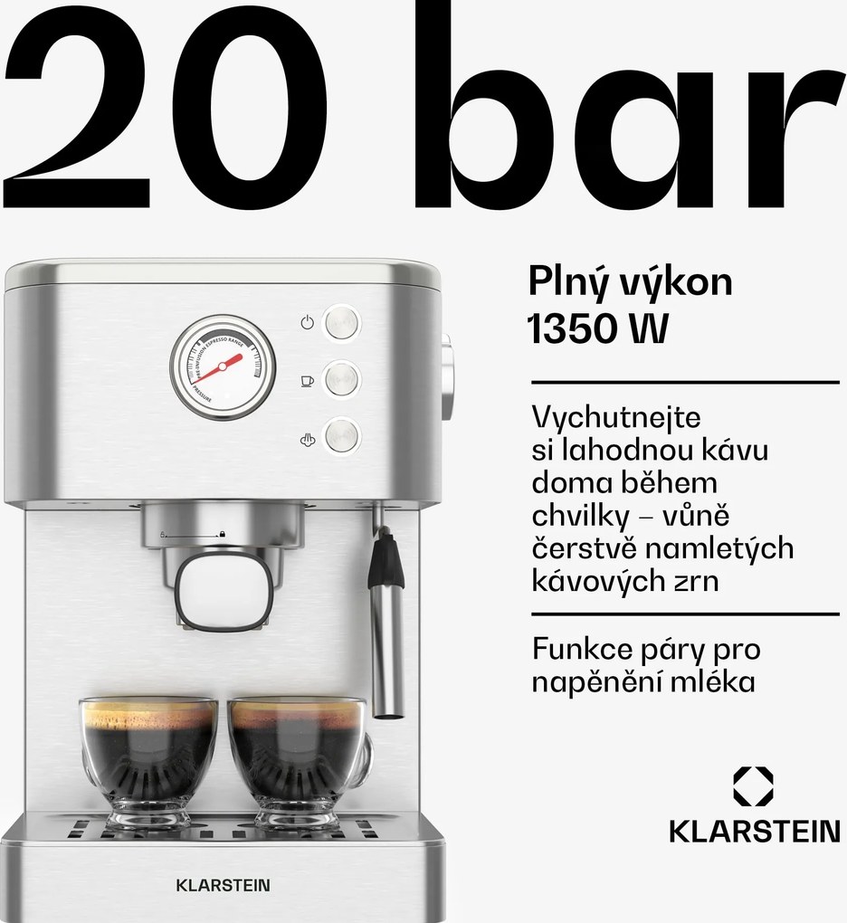 Klarstein SteelPresso kávovar s portafiltrem, Kompaktní, 20 bar, Napařovač, Ohřívací deska