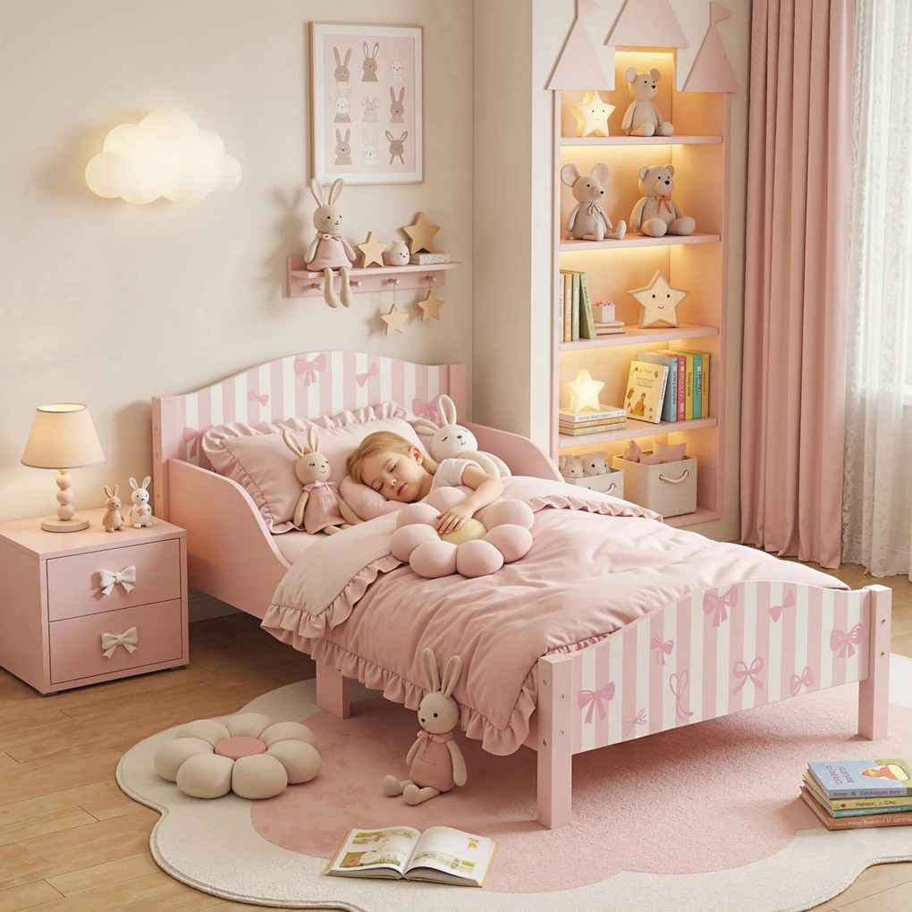 AIYAPLAY Montessori postýlka pro děti 3-6 let 146x76,5 cm, ochrana proti pádu, tvar mašle pro dětský pokoj, růžová