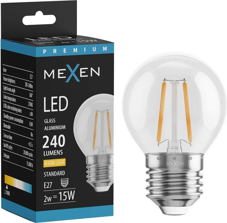 Mexen Vintis, LED filamentová žárovka E27, G45, 2 W, teplá bílá 2700K, čirá, L156-E27-0227-00