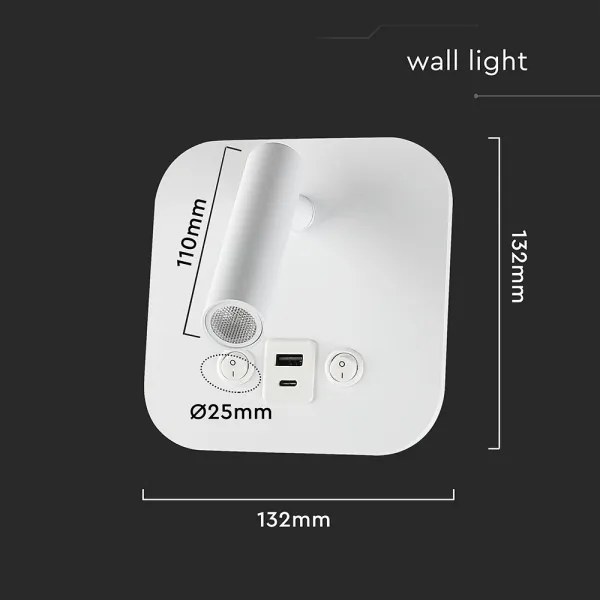 LED Nástěnné bodové svítidlo s USB portem LED/8W/230V 3000K bílá