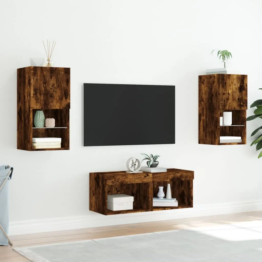 4dílná obývací stěna s LED osvětlením kouřový dub 3216573