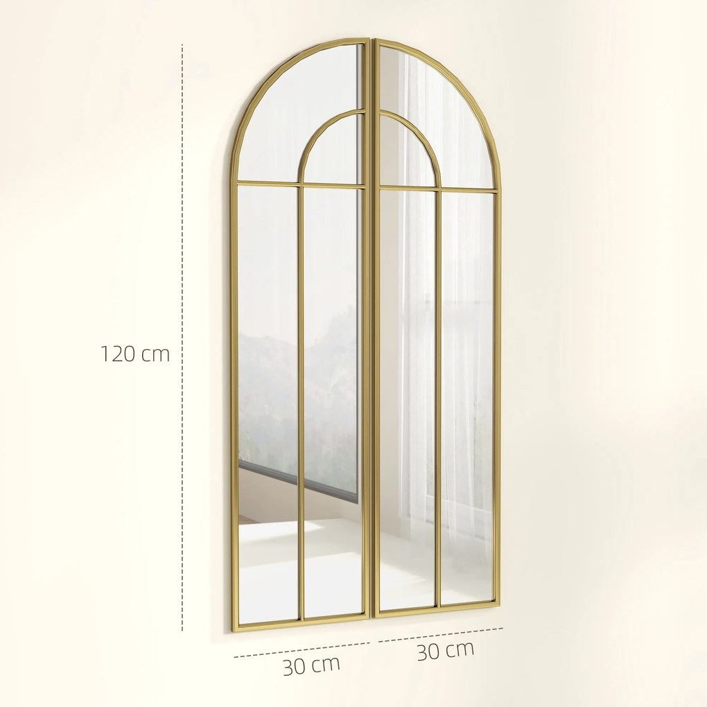 HOMCOM Dekorativní Zrcadlo na Zeď 2 Kusy 30x120 cm Okno se Zakřiveným Designem a Kovovým Rámem pro Obývací Pokoj, Ložnici a Vstup Gold
