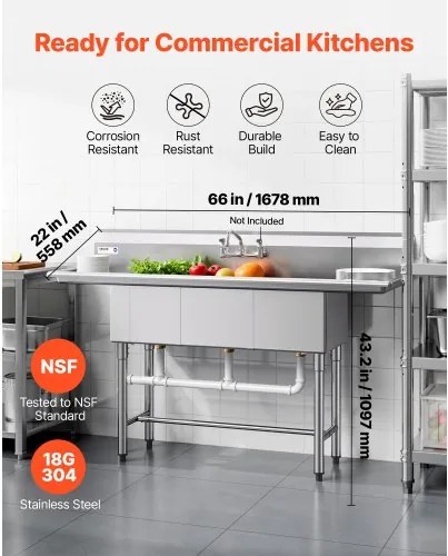 Dřez se 3 přihrádkami, Nerezová ocel 304 o průměru 18 VEVOR